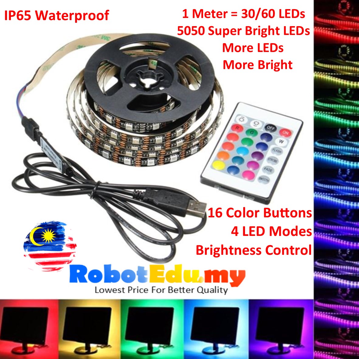 USB 5V RGB 5050 IP65 Waterproof Multi Color RGB LED Strip With 24 Control Button
